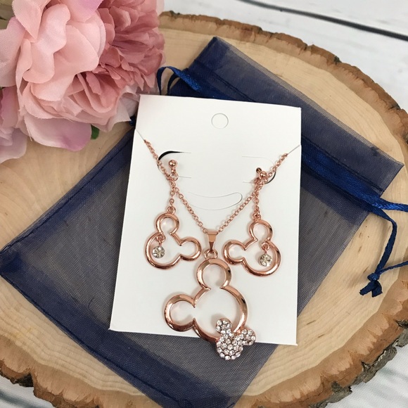 Jewelry | Gold Mickey Mouse Crystal Necklace Earring Set | Poshmark
